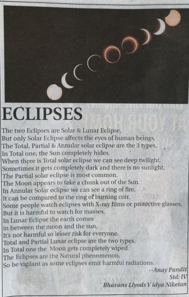 'Eclipses' - A poem by Mast. Anay | Bhavan's Lloyds Vidya Niketan, Wardha